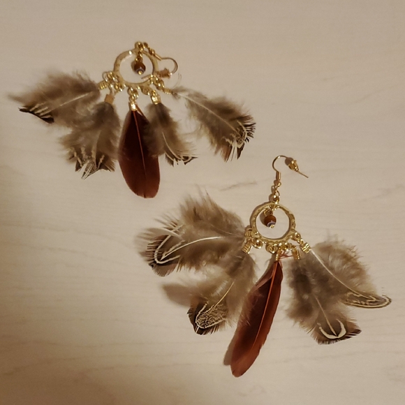 Unknown | Jewelry | Feather Dangle Earrings 4 Brown Feathers Red ...
